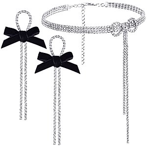 PAGOW 3pcs Rhinestone Silver Necklace Choker, Sparkly Crystal Bling Black Bowknot Earring Pendant Set Diamond Chain Nightclub Wedding Brithday Party Valentine Jewelry Gift for Women