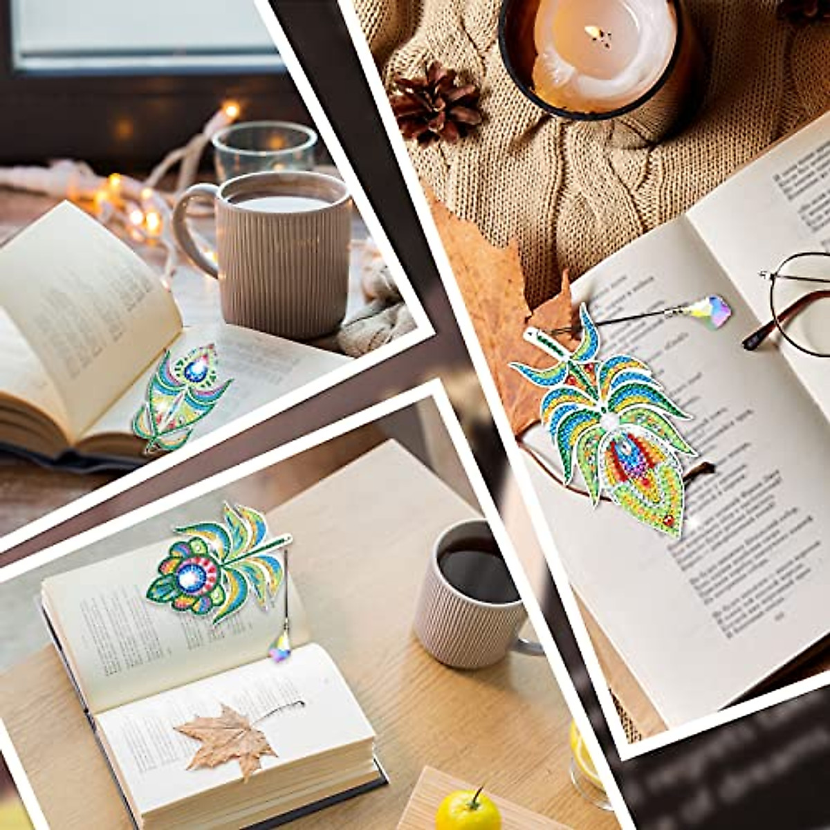 6 Pcs Diamond Painting Bookmarks Kit 5D DIY Feather Rhinestones Bookmark for Kids Adults PVC Art Bookmarks with Crystal Pendant for Crafts School Beginner Office Home, 6 Styles (Exotic)