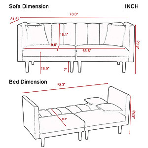 SLEERWAY Velvet Futon Sofa Bed with Two Pillows, Modern Sleeper Sofa Couch with 3 Adjustable Angles, Convertible Small Loveseat for Living Room, Pink