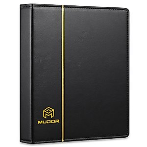MUDOR Empty Premium PU Classic Binder, 4 Ring Binder Albums Stockbook for Stamps, Documents, Coins, Bank Notes(Black)