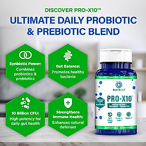 BioTrust Pro-X10 2.0 Probiotic Supplement - Probiotics for Digestive Health with Prebiotics - Immune System Support and GI Health - Free from Gluten, Soy and Dairy, Non GMO - 60 Capsules