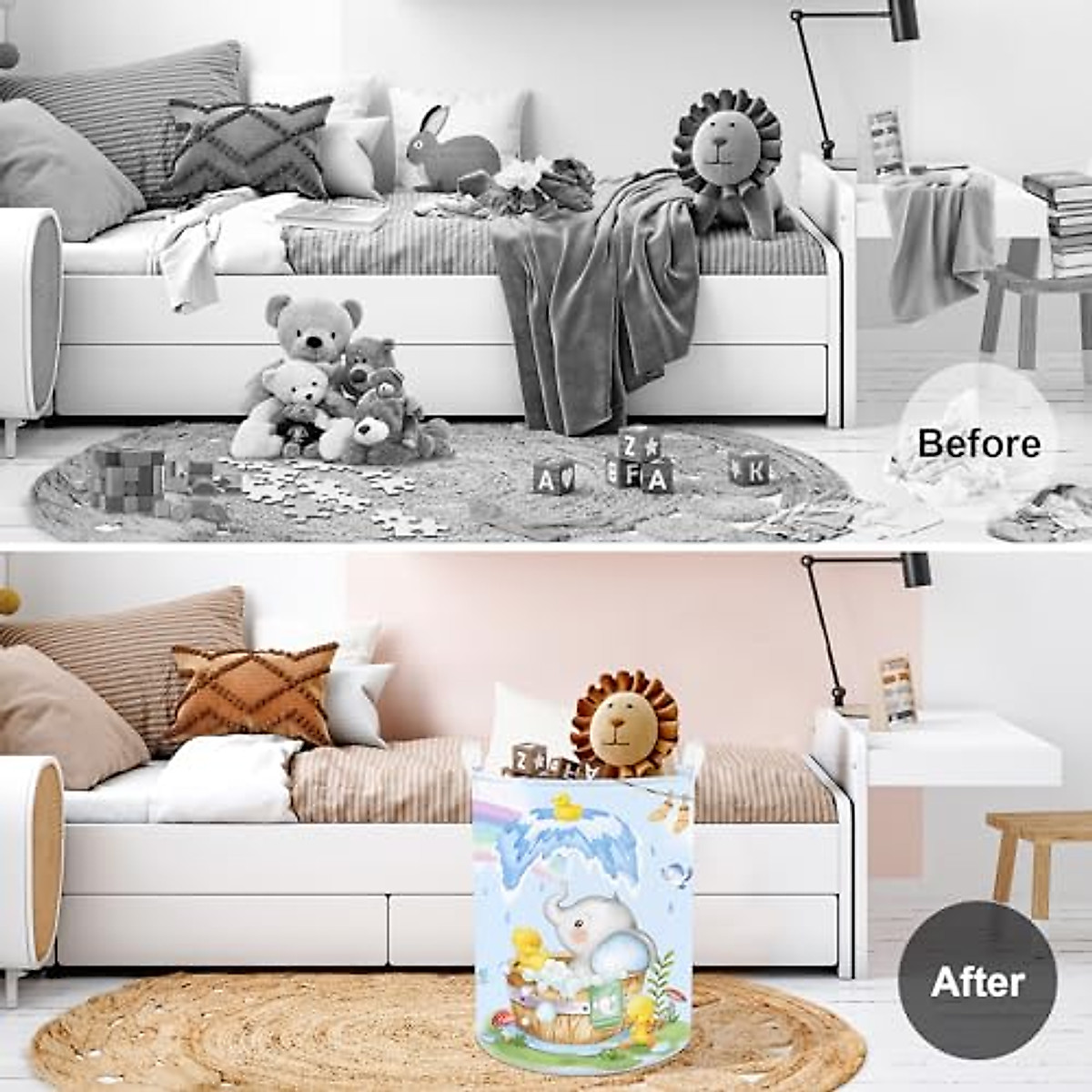 Clastyle 45L Cute Animal Shower Laundry Basket Sunny Elephant Bathing Baby Laundry Hamper Blue Giraffe Lion Duck Toy Towel Storage Basket