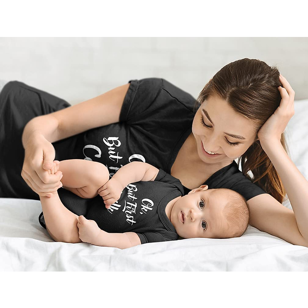 Tstars Ok But First Coffee Funny Mom and Baby Matching Outfits Gifts for New Moms Mothers Day Mother & Daughter Son Shirts Mom Black Large/Baby Black Newborn (0-3M)
