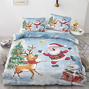Epzylqyr Cute Santa Claus Duvet Cover King Size, Reindeer Duvet Cover Set 3 pcs, Christmas Tree Bedding Set with Zipper Closure, 1 Duvet Cover 104x90 inches and 2 Pillow Shams