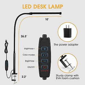 LIBORA LED Desk Lamp with Clamp, Dimmable Clip Light for Home Office, 3 Modes 10 Brightness, Long Flexible Gooseneck, Eye-Caring, Architect Table Task Lamps with USB Adapter, Black