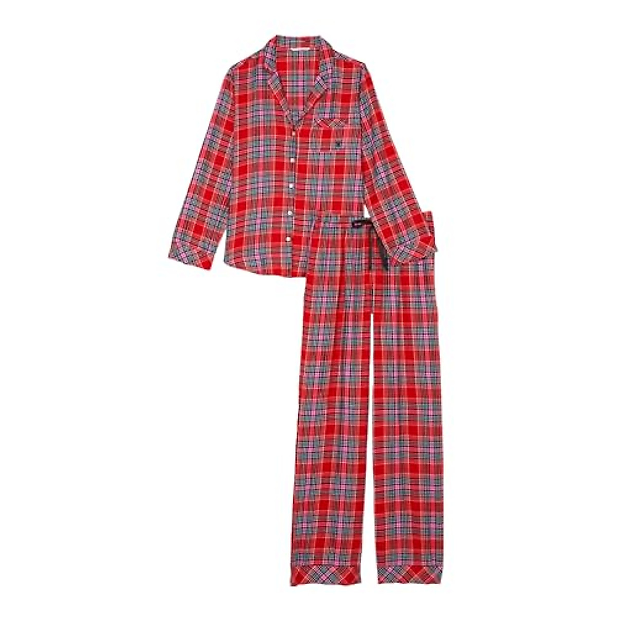 Victoria's Secret Flannel Pajamas, Long Sleeve Button Down & Pant Set, Sleepwear for Women, Lipstick Beauty Plaid, L