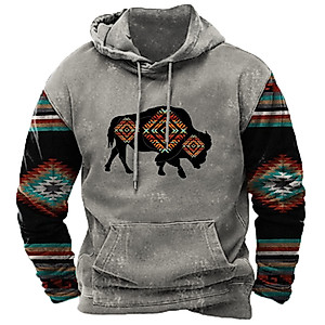 Muscularfit deals of the day Men Sweatshirts Hoodies Western Aztec Ethnic Pullover Long Sleeve Casual Drawstring Shirt Hooded Ethnic Print Top men's clothing Gray L