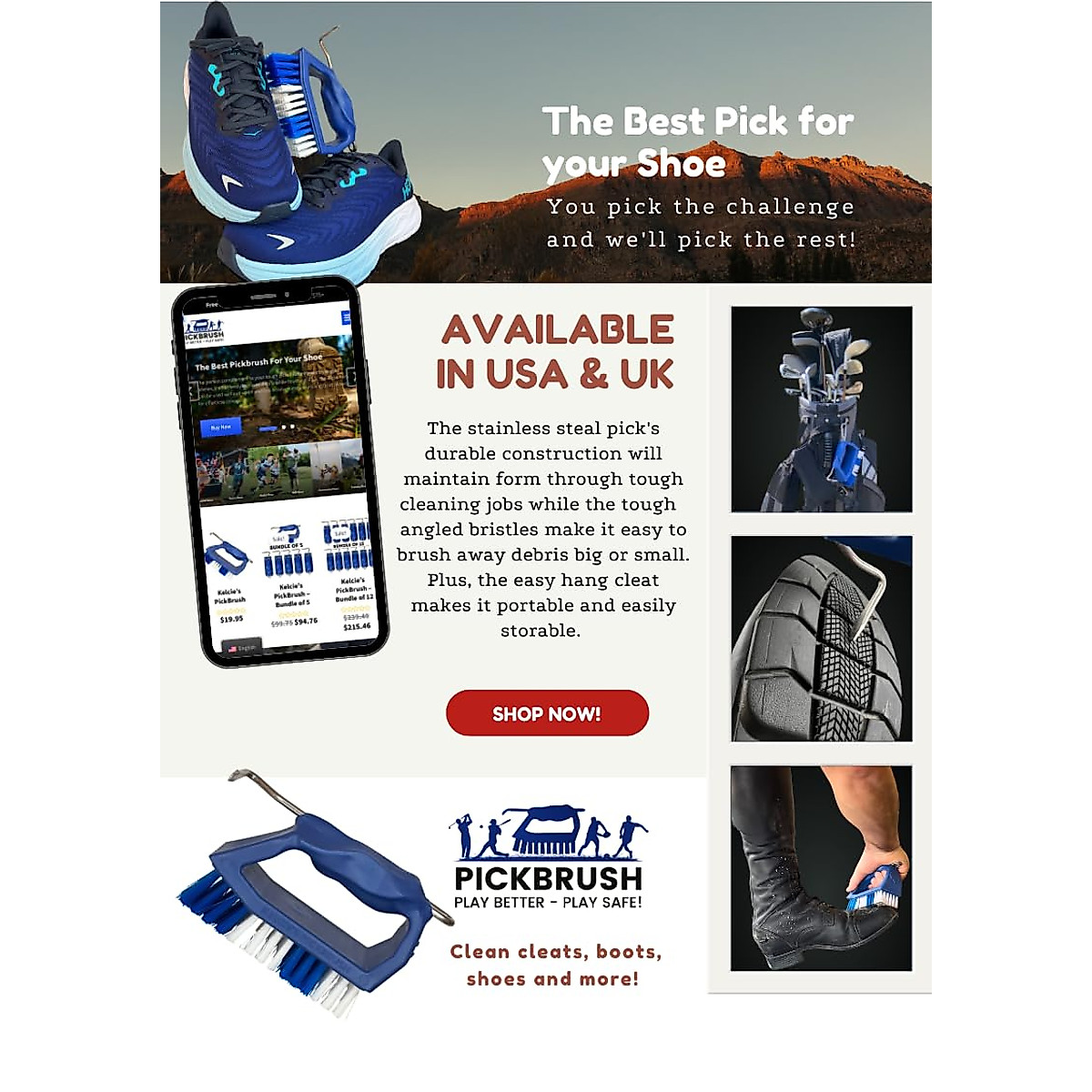 Kelcie's Handheld Shoe Cleaning Brush with Pick - Boot Brush & Cleat Cleaner for Golf, Soccer & Other Outdoor Footwear - Heavy-Duty Stiff Bristle Boot Scrubber for Cleaning Mud Off Shoes in Minutes