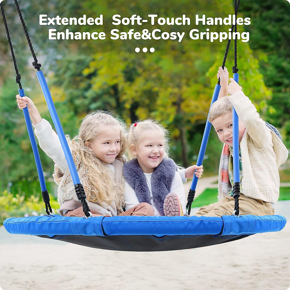 Trekassy 700lbs 40" Round Tree Swing with Handles for Kids Adults 900D Oxford Waterproof 2pcs Tree Hanging Straps Blue