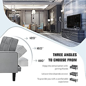 Walsunny Modern loveseat Couch, Mid-Century Velvet Upholstered Futon Sofa Bed, Fold Up/Down Adjustable Sleeper Sofa for Living Room, Bedroom, Apartment(Grey)