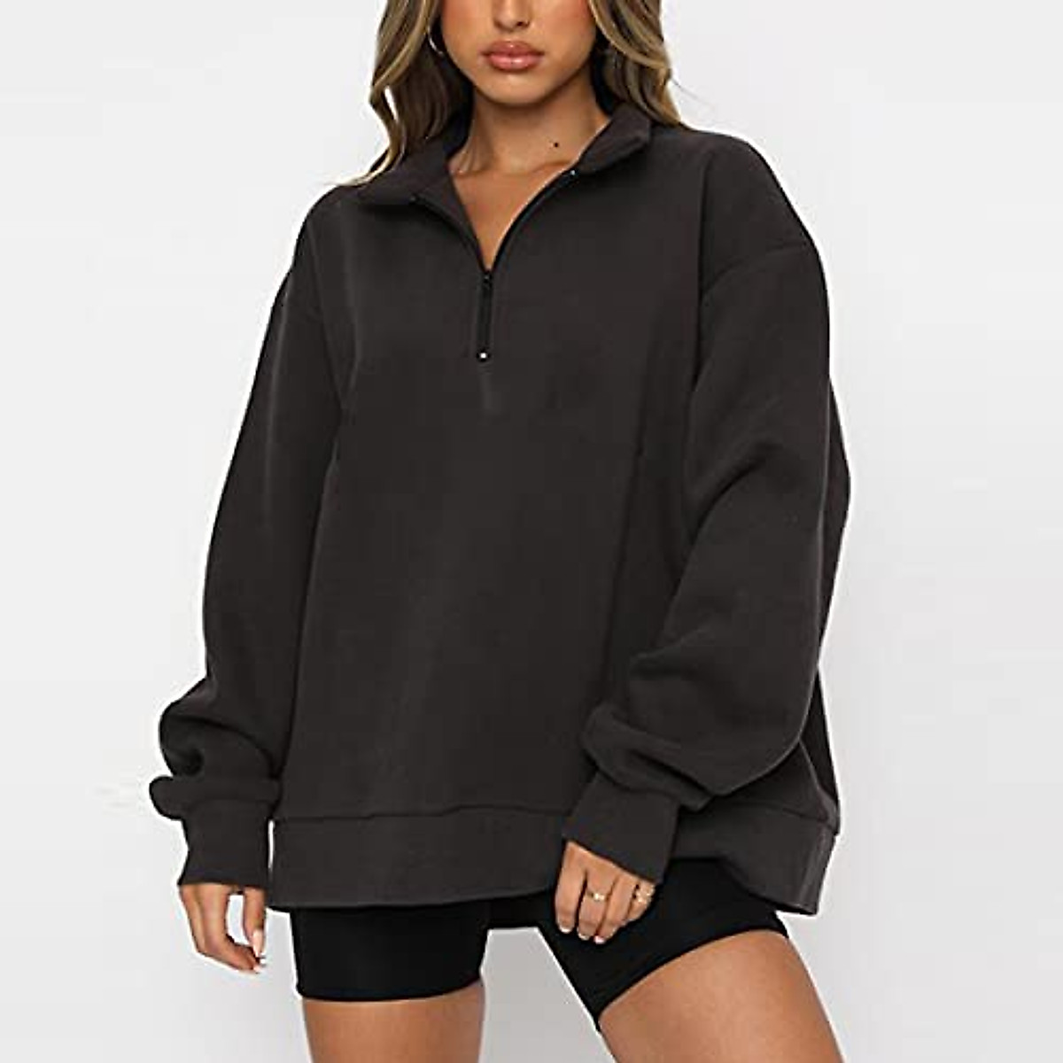 Meladyan Womens Half Zip Sweatshirt Oversized Long Sleeve Collar Drop Shoulder Solid 1/4 Zipper Pullover Jacket Black