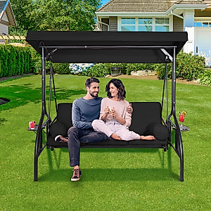 FKLUG 3-Seat Outdoor Porch Swing,2-in-1 Convertible Patio Swing Bed,Outdoor Patio Swing Chair w/Cushions,Pillows,Side Tray and Adjustable Canopy for Outside,Porch,Backyard,Garden(Black)
