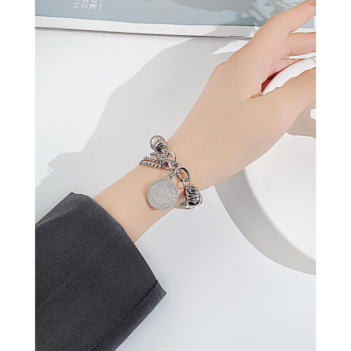 TEMICO Stainless Steel Cross Saint Benedict Coin Charm Bracelet for Women Catholic Exorcism Protection Jewelry