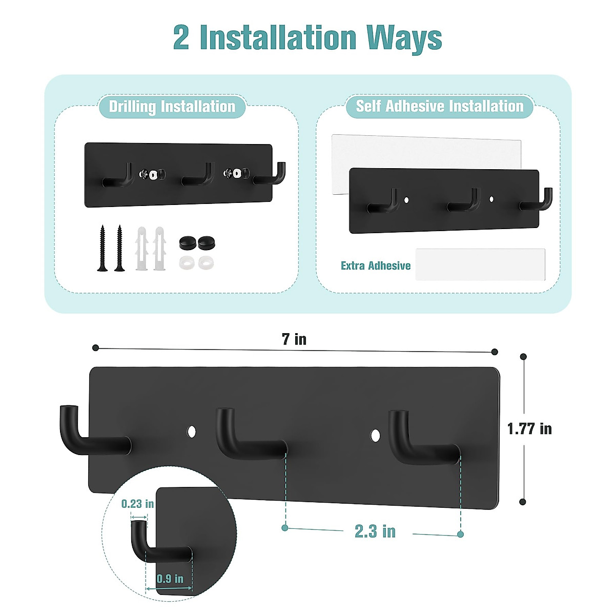 RELBRO Key Holder Wall Mount, Black Metal Key Hanger Self Adhesive Key Rail with 3 Key Hooks Key Rack Organizer 2 Options Installation for Entryway Hallway Kitchen RV Camper
