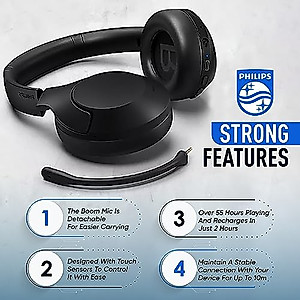Philips Wireless Headphones Noise Cancelling, Stereo Over Ear Wireless Headphones with Removable Mic, Bluetooth Headset with Microphone, Lightweight and Touch Control, 55 Hours Playtime
