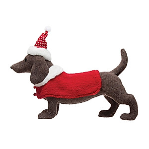 Creative Co-Op 16" L x 4" W x 12-1/4"H Fabric Dachshund with Santa Hat & Coat, Brown, Red & White