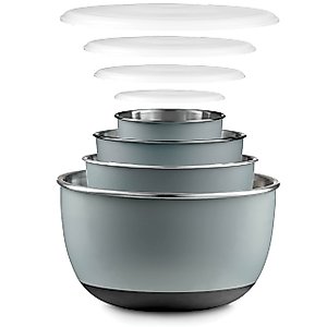 FineDine Stainless Steel Mixing Bowls with Lids Set, Stackable Nesting Dishware Bowls for Kitchen Space Storage Saving, Non-Slip Bottoms for Stability, 5 Quarts Salad Bowls