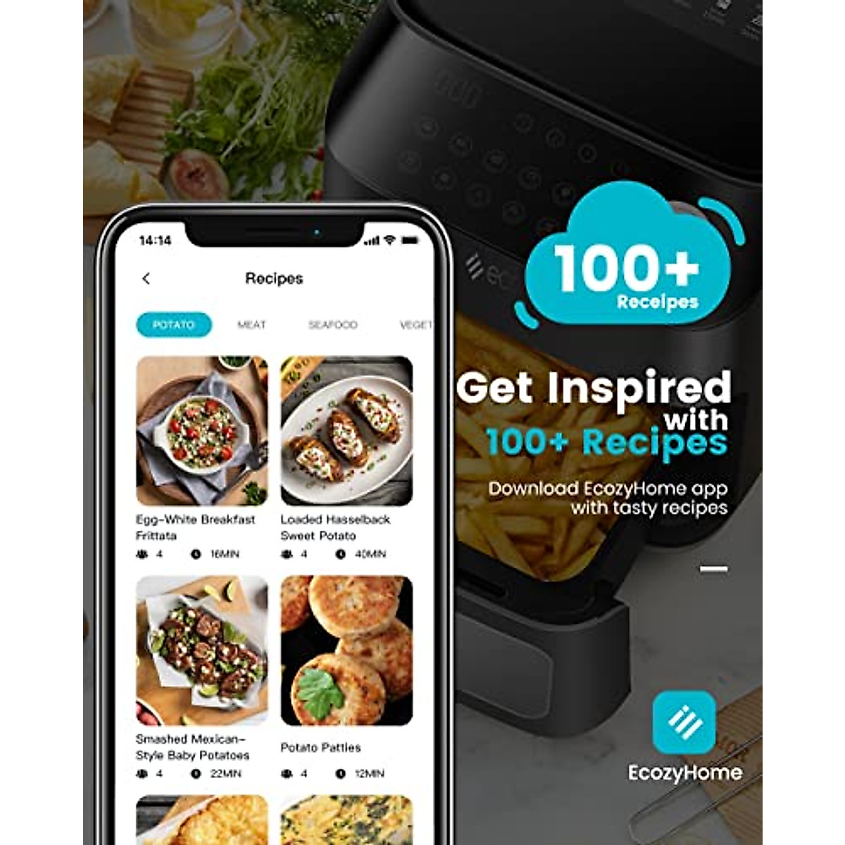 ecozy Air Fryer 6 Quart with See-Through Window Smart WiFi (100 Recipes), 11 Presets+ One-Touch Recipe Function, Dishwasher Safe, Black