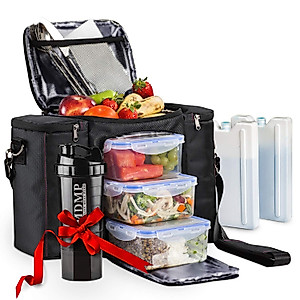 Meal Prep Lunch Bag / Box For Men, Women + 3 Large Food Containers (45 Oz.) + 2 Big Reusable Ice Packs + Shoulder Strap + Shaker With Storage. Insulated Lunchbox Cooler Portion Control Set (Black)