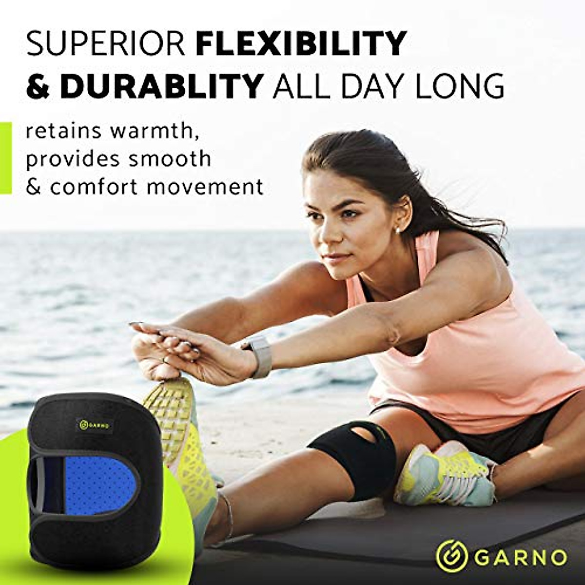 GARNO Knee Brace, Adjustable Neoprene Stabilizer for Meniscus Tear, Arthritis, Tendonitis, MCL, ACL, Pain Relief & Recovery, Tendon Support Strap for Running; Men & Women (Small/Medium Size)