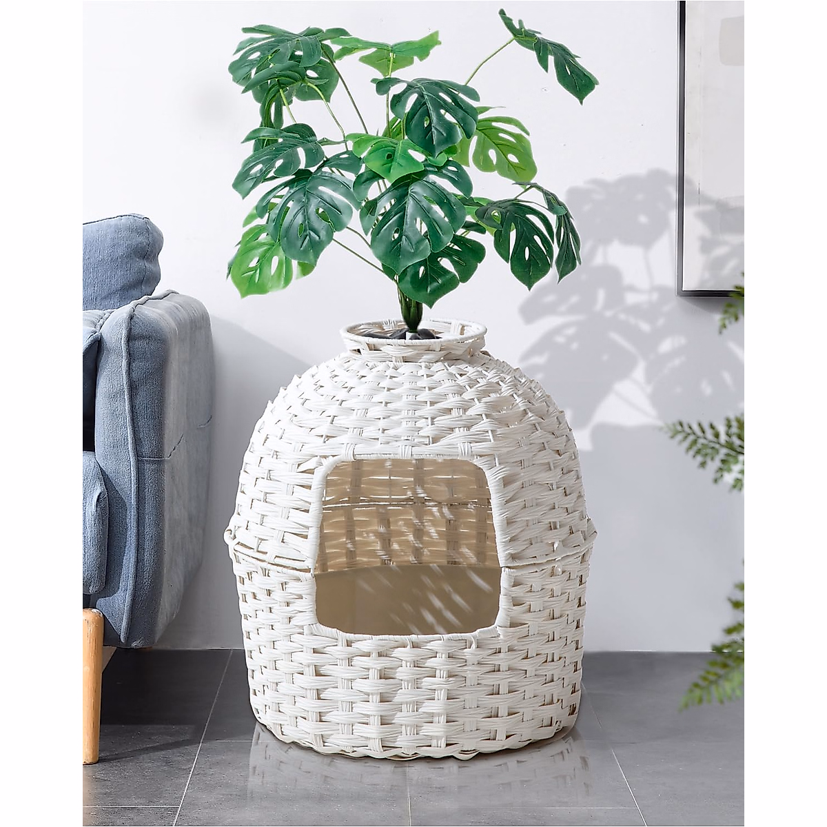 SETVSON Cat Litter Box Plant Furniture Hidden Cat Litter Box with Artificial Plants, Handwoven Rattan Cat Litter Box Enclosure with Cat Litter Box, Enclosed Plant Cat Litter Box in Living Room (White)