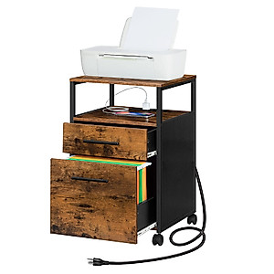 HOOBRO 2 Drawers File Cabinet, Filing Cabinet with Charging Station, Office Cabinet with Open Shelf, Wheels, Hanging File Folders, for A4, Letter Size, Home Office, Rustic Brown BF651WJ01