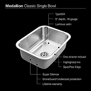 Houzer MS-2309-1 Medallion Classic Series Undermount Stainless Steel Single Bowl Kitchen Sink