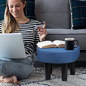 Allinside Ottoman Footstool with Handle, D-Shaped Linen Footrest, Small Shoe Seat Step Stool, Soft Sponge Foot Stool for Living Room, Bedroom, Couch, Entryway (Blue)