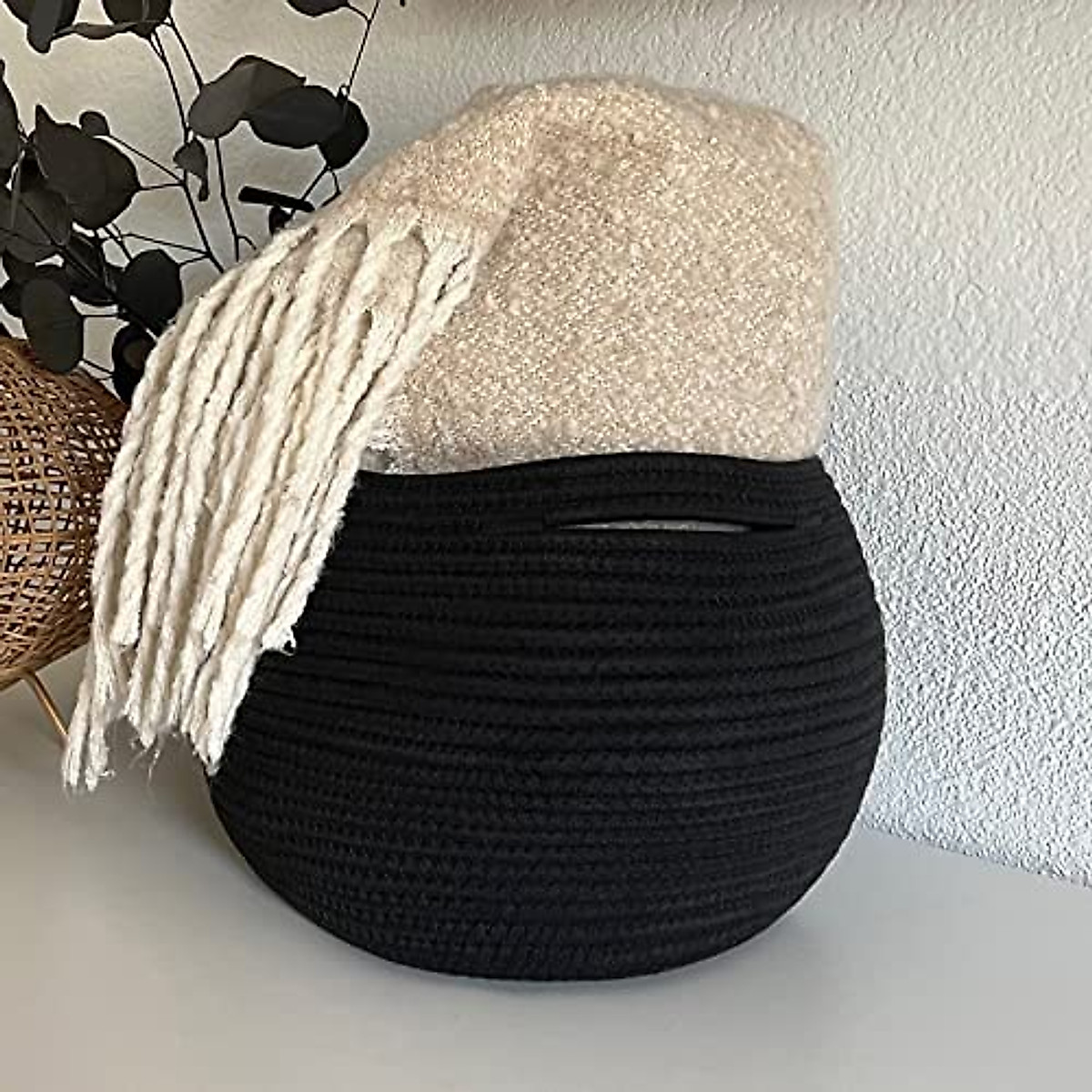 Goodpick Small Rope Storage Basket, Black Round Baskets for Socks, Dog Toys, Towels, Cute Baby Basket for Living Room, Bedroom, Nursery, Towel Baskets for Bathroom, 10 x 8.3 inches