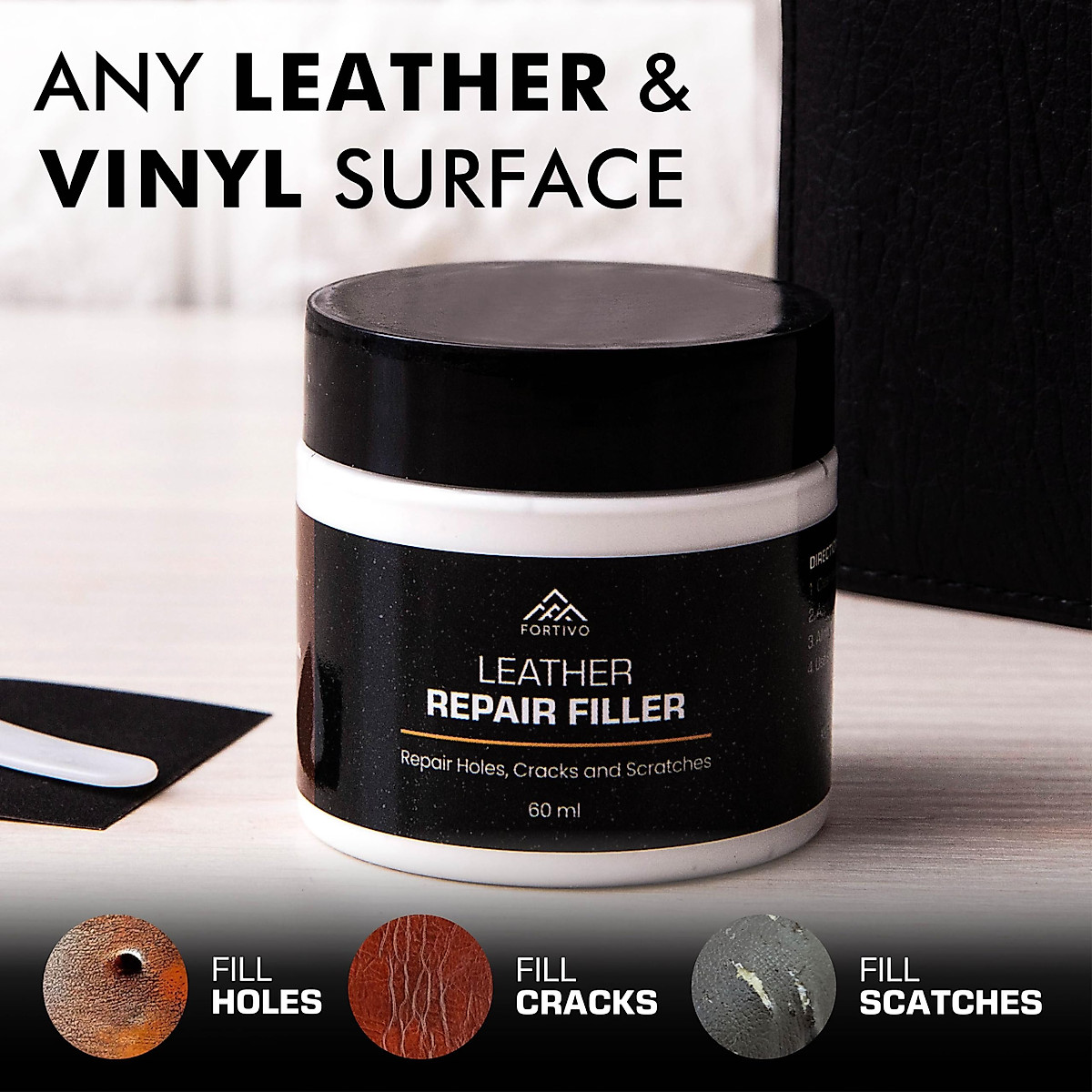 Paintable Leather Filler - Repair for Tears, Holes, and Scratches - Easy Step-by-Step Guide - Leather Repair Gel, White - 60 mL