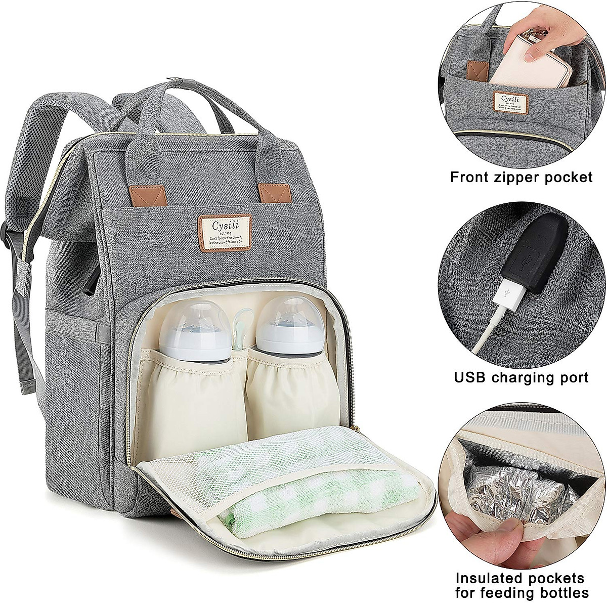 FANCYOUT Diaper Bag Backpack with USB Charging Port and Stroller Straps, Maternity Nappy Bag with Insulated Feeding Bottle Pocket (Grey)