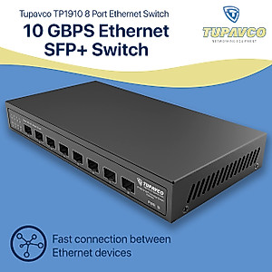 10GB SFP+ Switch (8 Port - Unmmanaged) - 10 Gigabit Ethernet at 8 Small Form-Factor Pluggable Slot for Fiber Optic (Optical Cable) Network or LAN (RJ45/CAT6+) Transceiver Devices - Tupavco TP1910