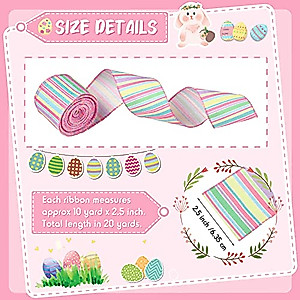 2 Rolls 20 Yards Easter Spring Wired Ribbon Pastel Stripe Canvas Ribbon Horizontal Stripe Wired Edge Ribbon Spring Decorative Ribbon Stripe Craft Ribbon for Wrapping Easter Party Crafting (2.5 Inch)