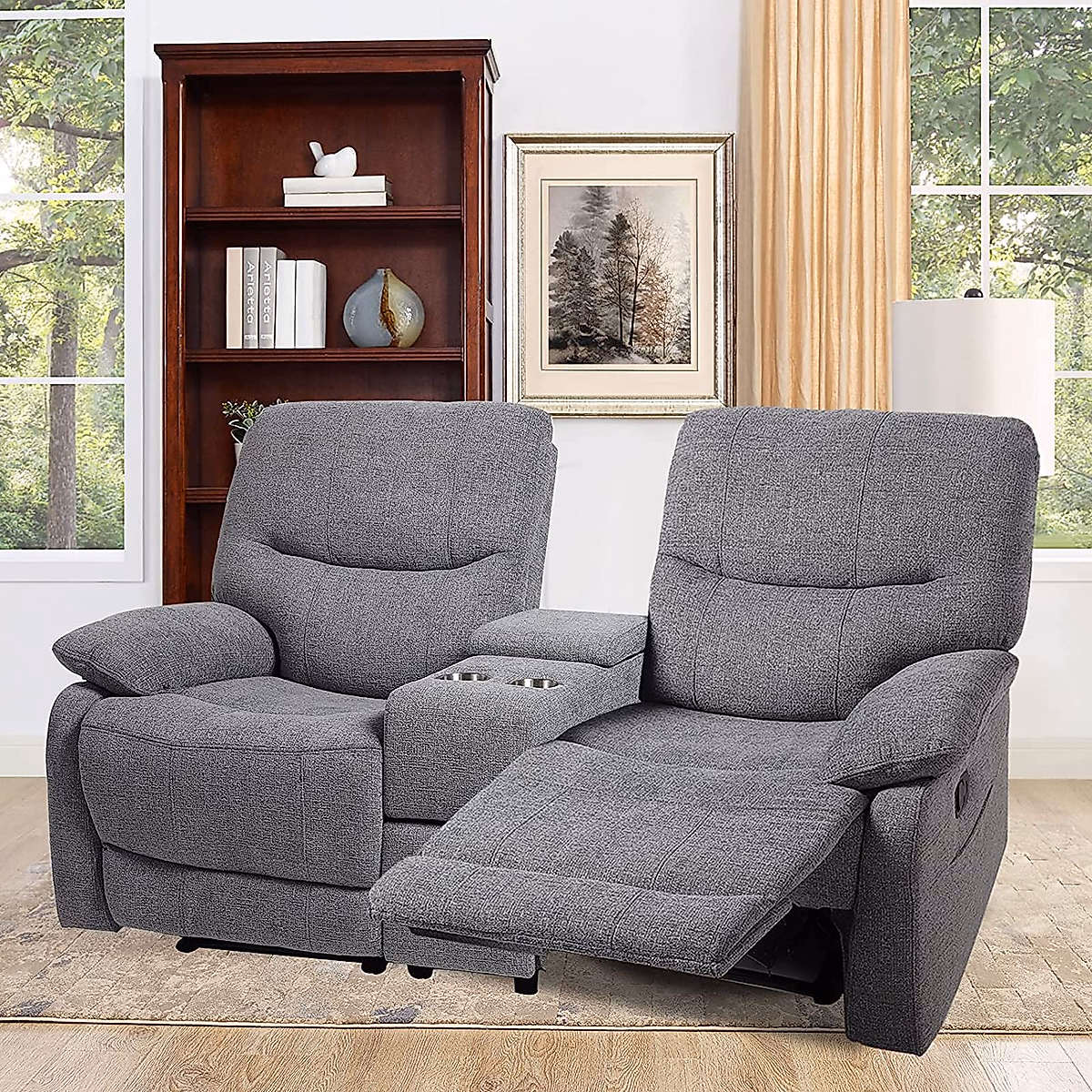 VUYUYU Reclining Sofa, Double Reclining Loveseat with Console, 2 Seater Sofa Home Theater Seating, Fabric Recliner Sofa Couches with Storage and Cup Holders (Gray)
