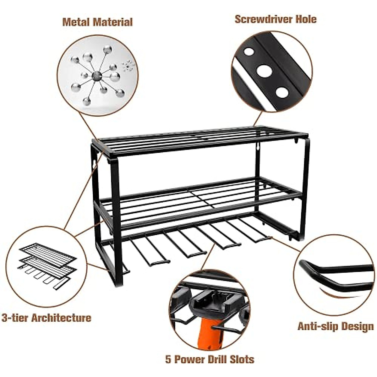 Bothixi Power Tool Organizer, Black Garage Tool Organizer Wall Mount, Drill Holder Tool Storage Rack for 5 cordless Drill Holders,Utility Rack with Hooks, Men Father's Day Gifts