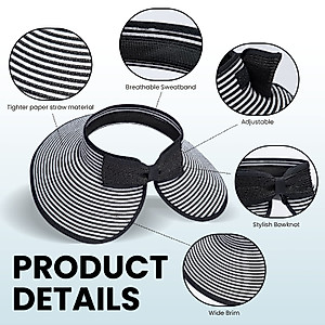 Simplicity Women's Straw Sun Hat Wide Brim Roll-up Sun Visor Black/White