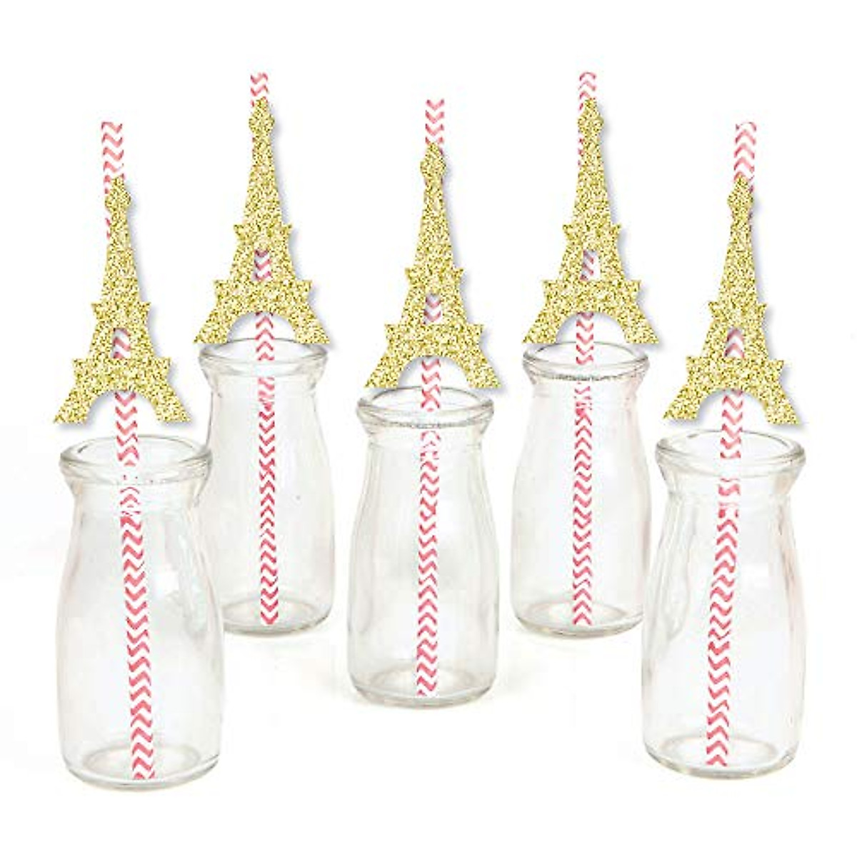 Gold Glitter Eiffel Tower Party Straws - No-Mess Real Gold Glitter Cut-Outs and Decorative Paris Themed Baby Shower or Birthday Party Paper Straws - Set of 24
