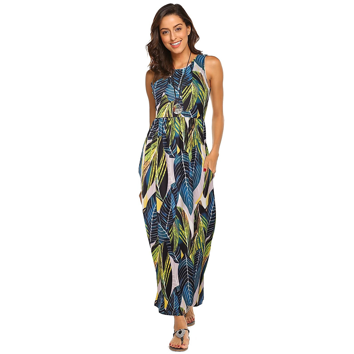 Hount Ladies Summer Dresses Clothing Women's Summer Casual Sexy Sleeveless Long Maxi Dress with Pockets Leaf Print L