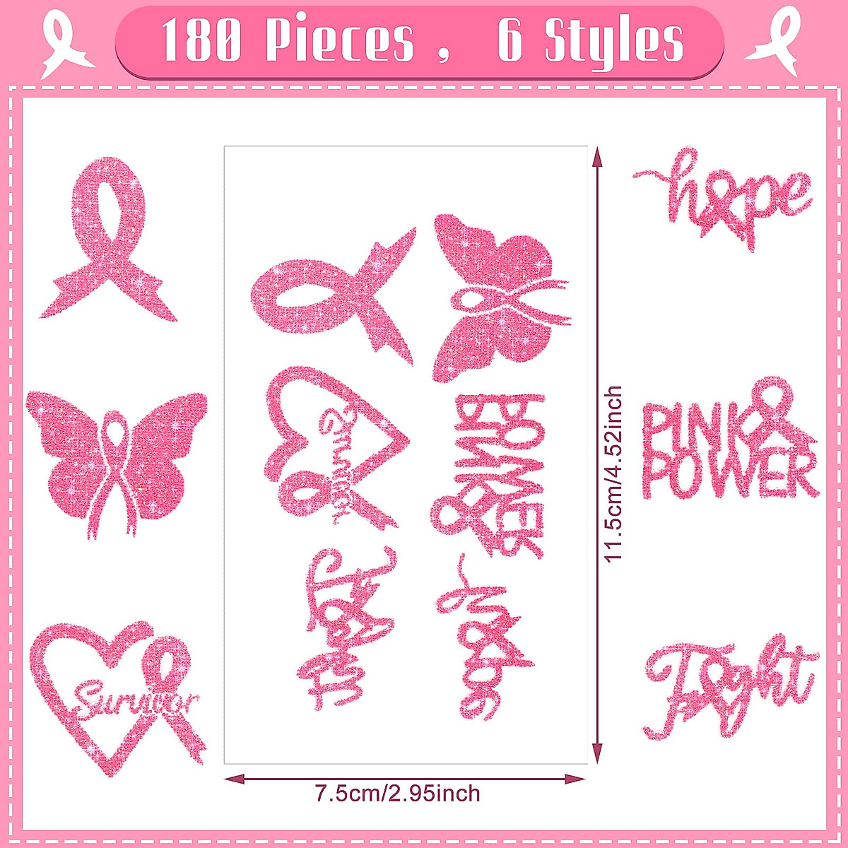 180 Pcs Breast Cancer Tattoo Sticker Temporary Pink Ribbon Tattoos Breast Cancer Awareness Glitter Tattoos Pink Ribbon Stickers Breast Cancer Body Tattoos for Women Girls Face Body Accessories
