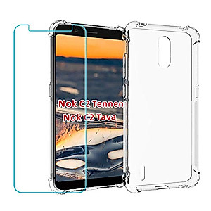 Ytaland Case for Nokia C2 Tava, C2 Tennen (2020),with Tempered Glass Screen Protector. Crystal Clear Soft Silicone Shockproof TPU Transparent Bumper Protective Phone Case Cover