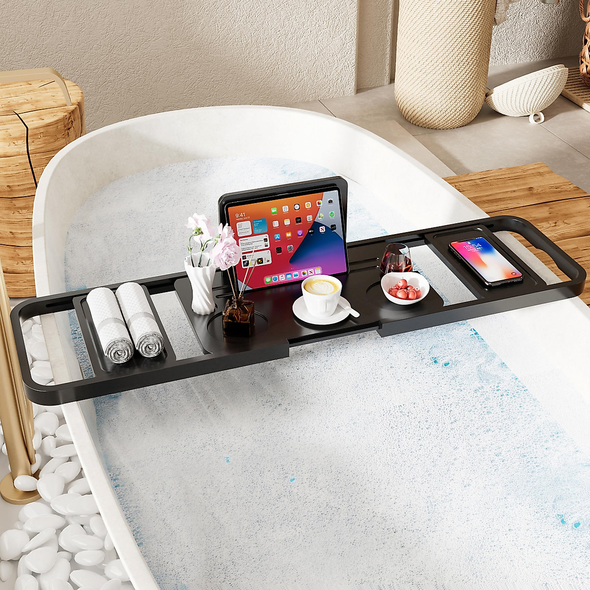 Premium Bathtub Tray Caddy - Expandable Bath Caddy Tray - Adjustable Bamboo Bath Caddy Tub Table - Unique House Warming Gifts New Home - Black Bamboo