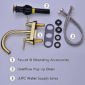 TRUSTMI Bathroom Faucet 2 Handle Bathroom Sink Faucet in Brushed Gold 4 Inch Centerset Lavatory Vanity Faucet with Overflow Pop Up Drain and cUPC Water Supply Lines, Spot Resist Bathroom Faucet Gold