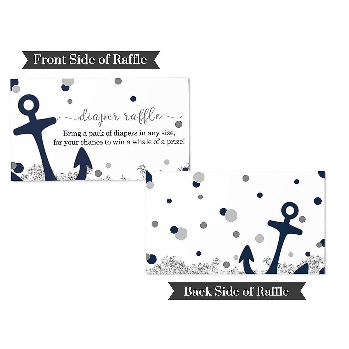 Paper Clever Party Nautical Diaper Raffle Tickets (25 Pack) Boys Baby Shower Games - Invitation Insert - Fill-In Cards for Prize Drawing Activity - Navy and Silver - 2x4 Size Set