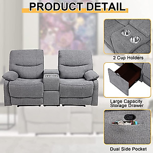VUYUYU Reclining Sofa, Double Reclining Loveseat with Console, 2 Seater Sofa Home Theater Seating, Fabric Recliner Sofa Couches with Storage and Cup Holders (Gray)