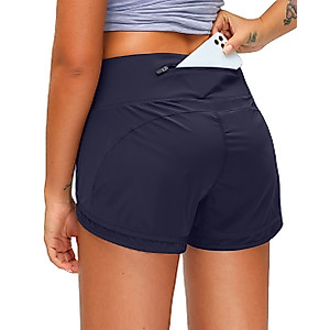 Women's Running Shorts High Waisted Quick-Dry 3 Inch Gym Workout Athletic Shorts for Women with Zipper Pocket(Navy Blue, XL)
