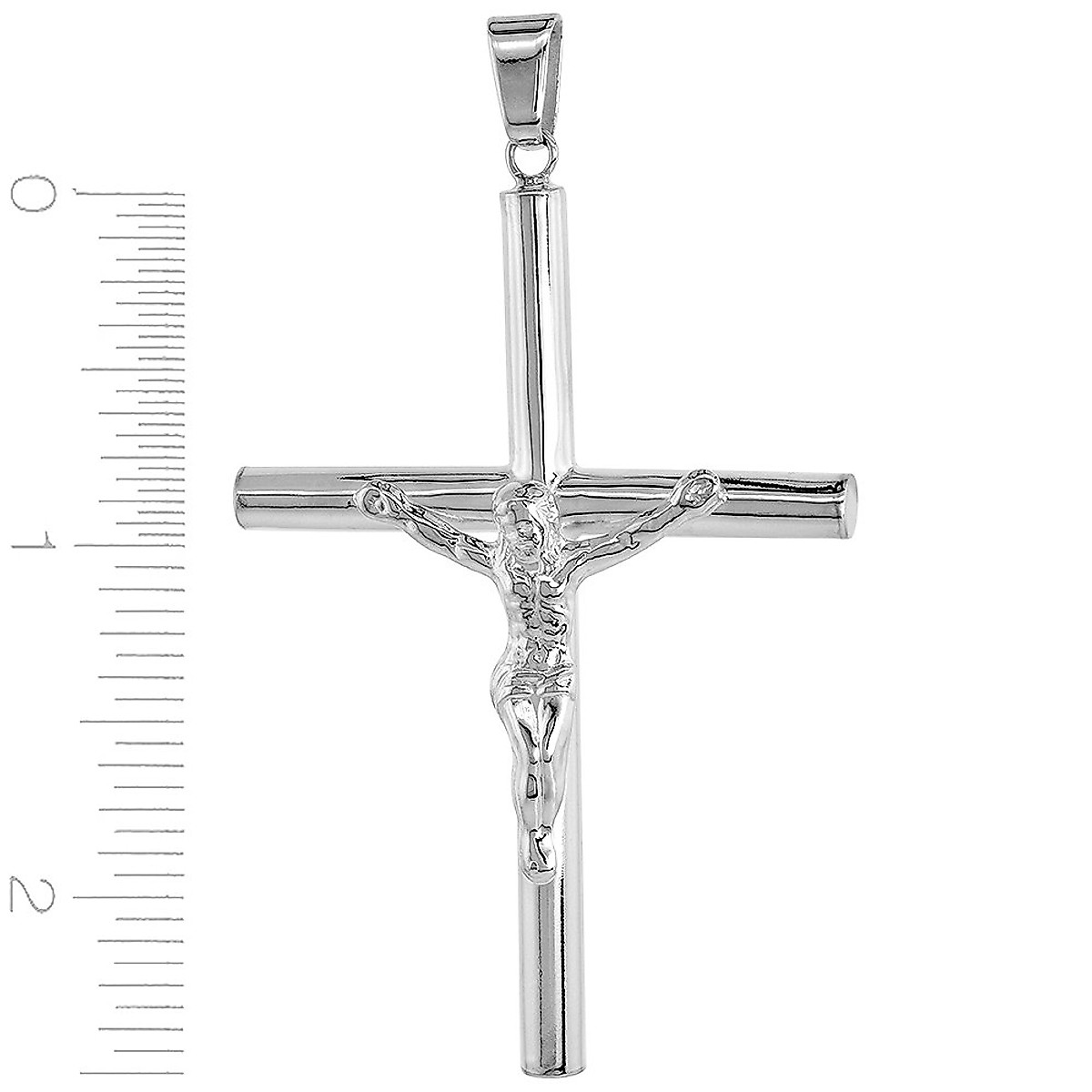 Sterling Silver Large Plain Crucifix Pendant 5mm Tubular High Polished 2 3/4 inch