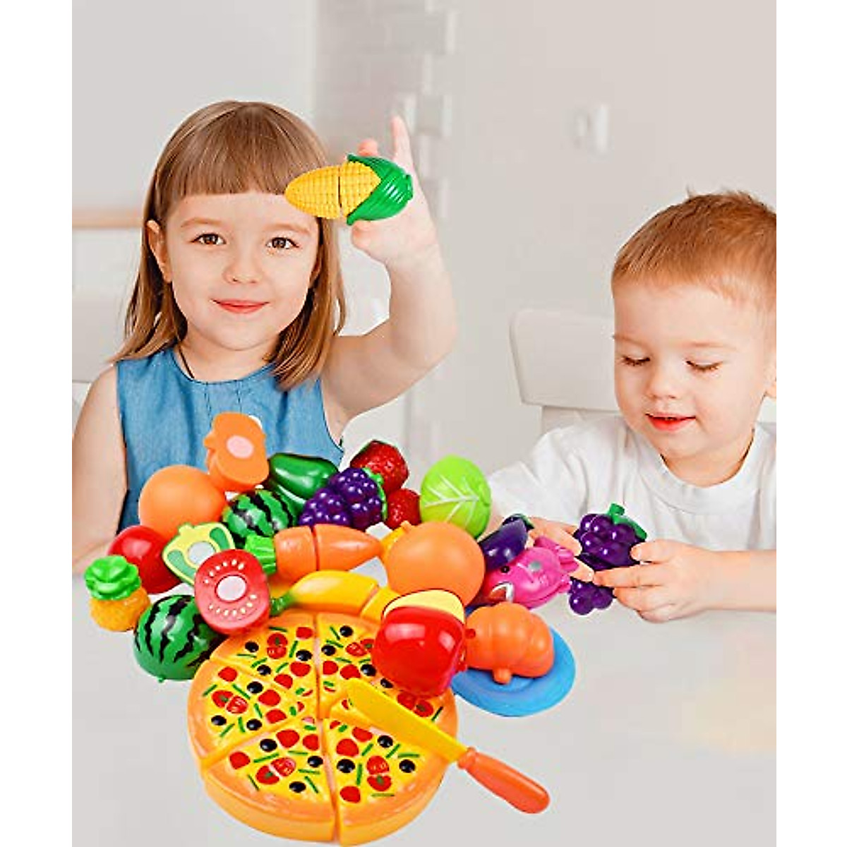 KAREZONINE Cutting Fruits Vegetables Set, 24 Pack Play Kitchen Plastic Cutting Food for Kids Pretend Play Kitchen Toys Educational Food Toys for Children Girls Boys Best for 3, 4, 5 Year Olds