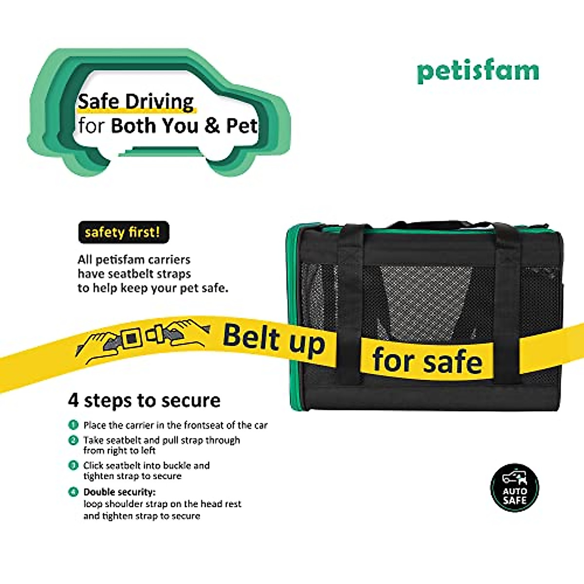 petisfam Soft Pet Carrier Bag for Easy Travel with Medium, Large Cats, 2 Kitties and Small Dogs. Easy to get Cat in. Easy Vet Visit. Easy Storage. Black w/Green Trim, L