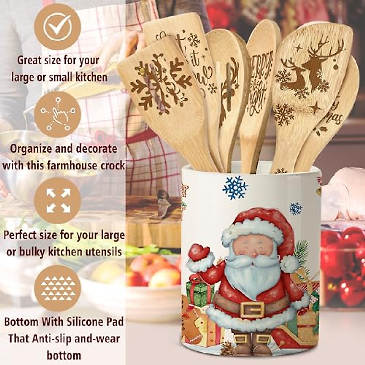 Christmas Utensil Holder Ceramic with 6 PCS Cooking Utensil, Christmas Women Gifts Santa Claus Cooking Utensil Crock Holder for Kitchen Counter Decorations Countertop Spatula Utensil Storage Organizer