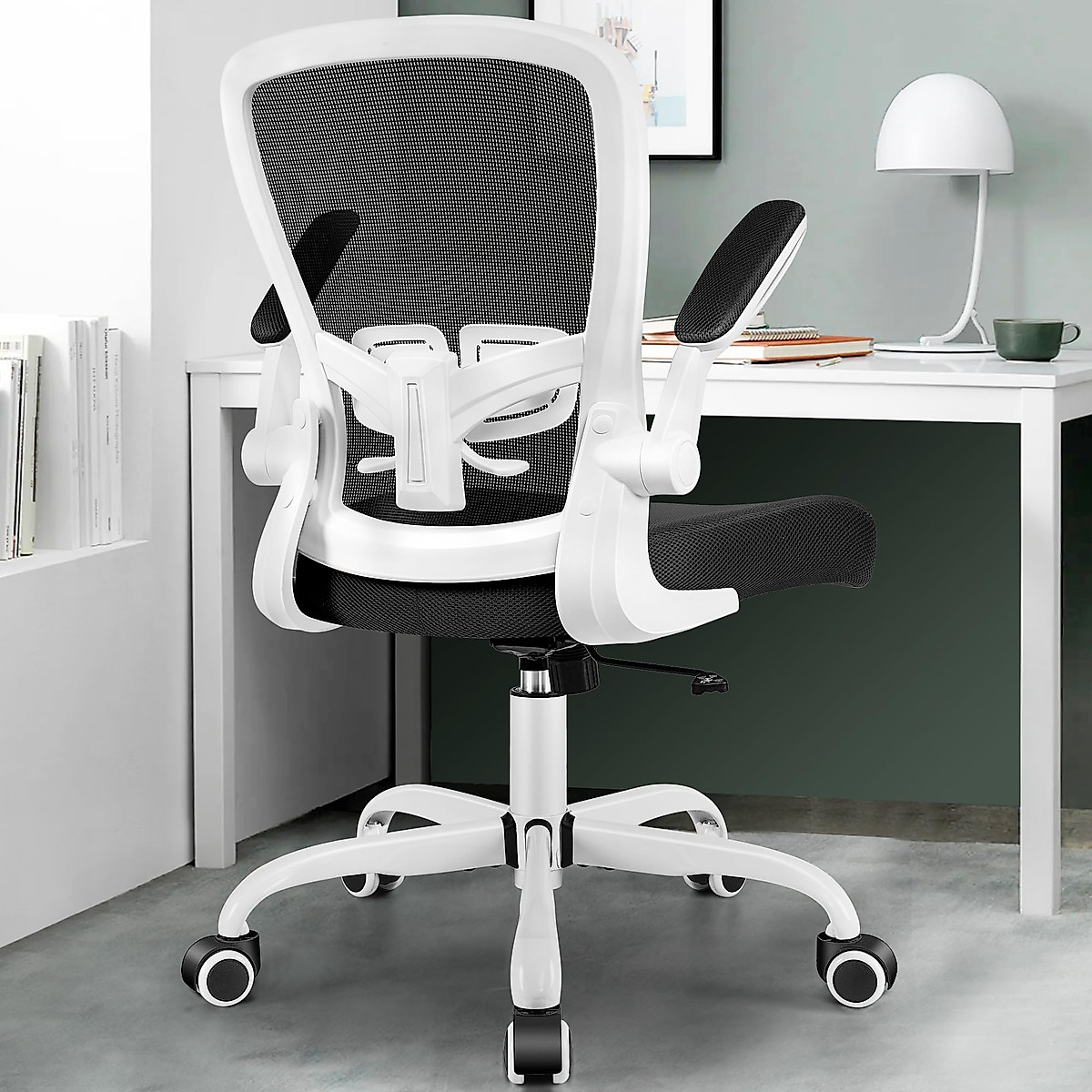 MINLOVE Office Chair Ergonomic Desk Chair with Adjustable Lumbar Support and Height, 90° Flip-up Armrests, Ergo Desk Chairs with Wheels, 360° Swivel Mesh Chair, Home Work Use (White)